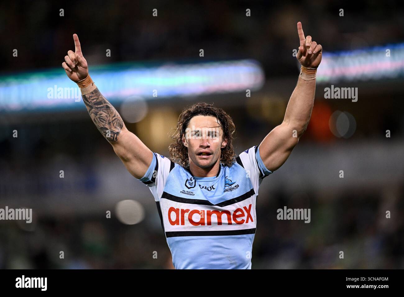 Nicho Hynes of the Sharks celebrates his team’s win in the NRL Semi ...