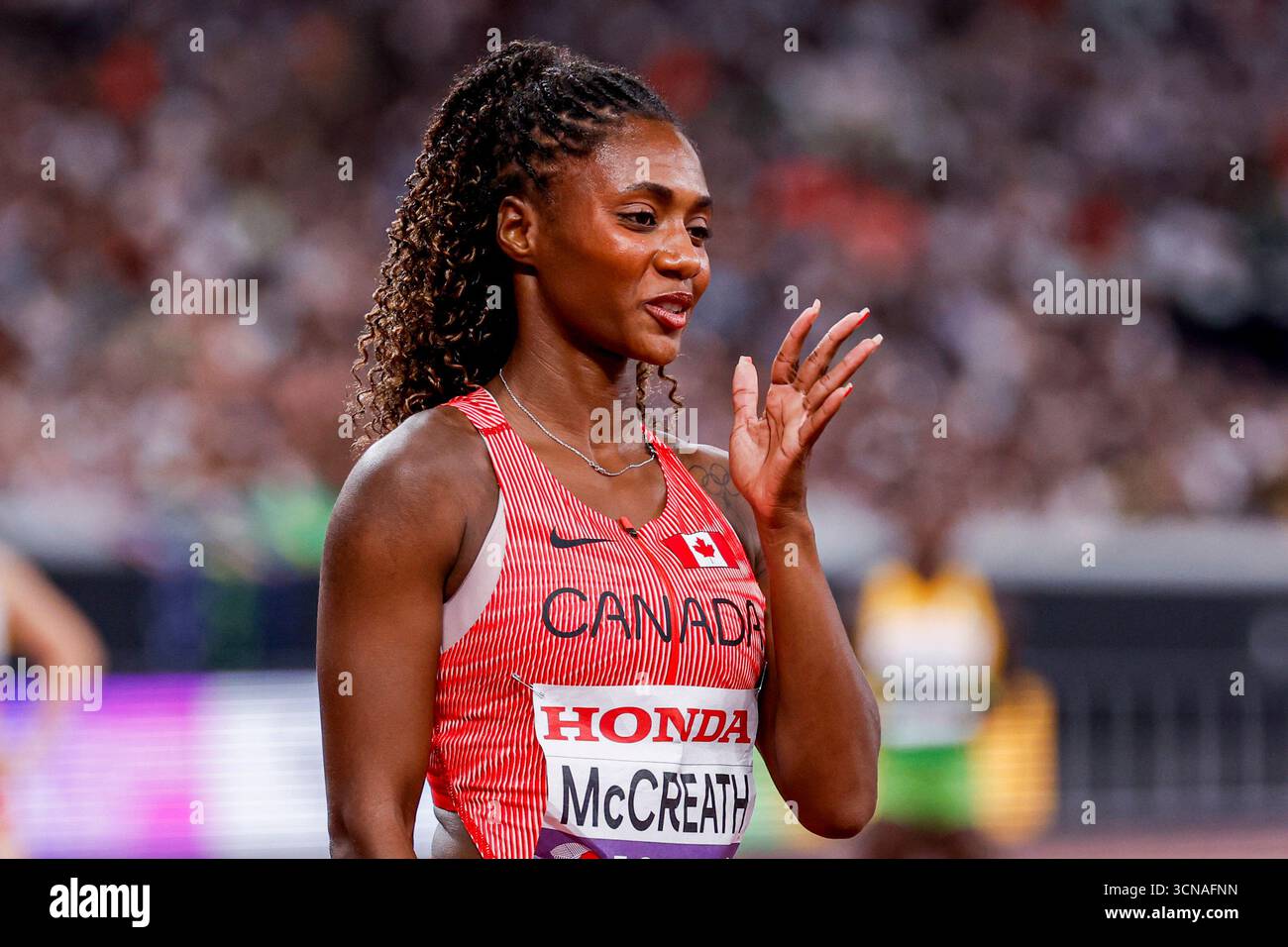 Sade Mccreath of Canada during the Women's 4x100 Metres Relay during ...