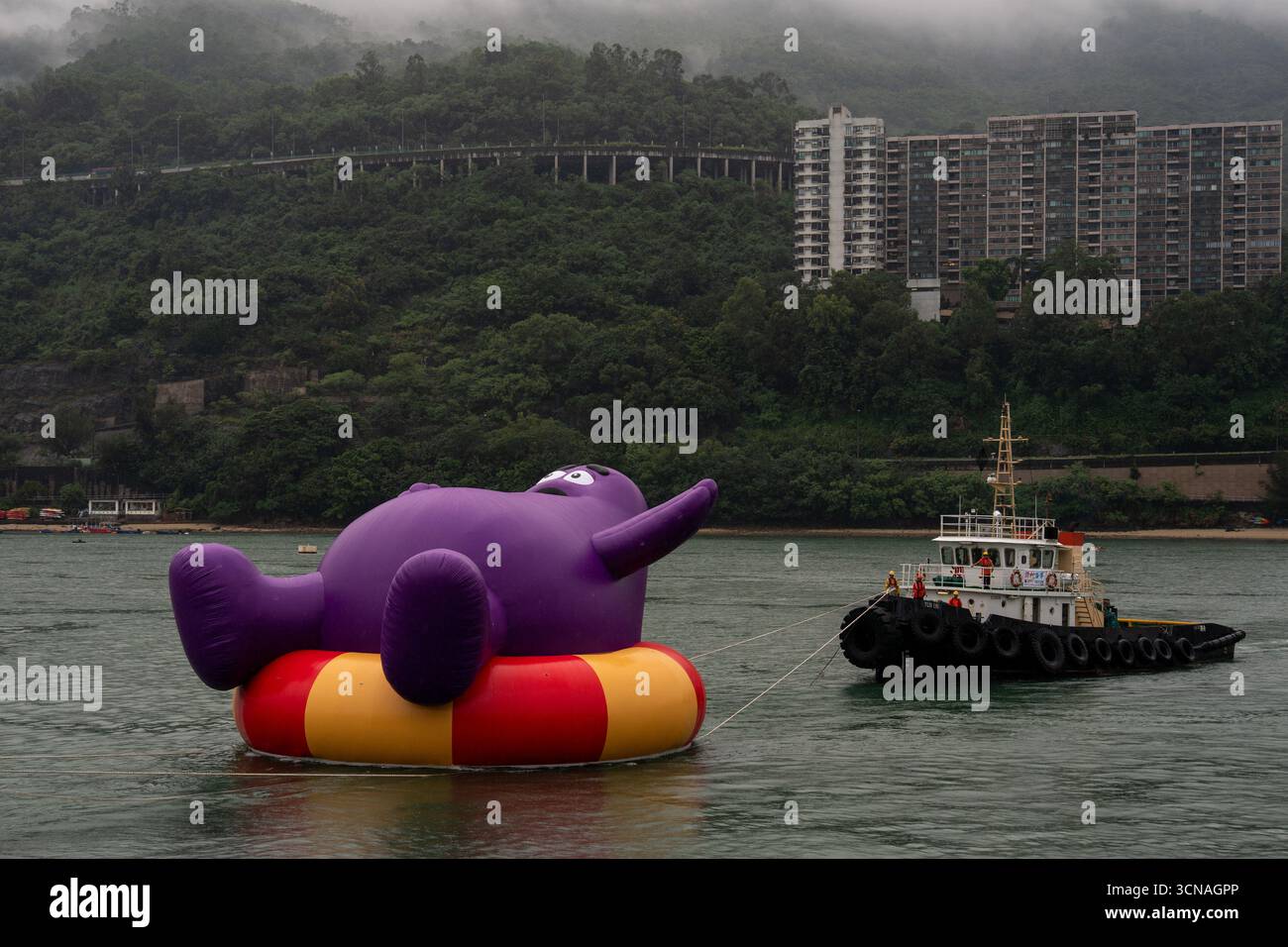 A general view showing a tug boat pulling a Grimace Inflatable ...