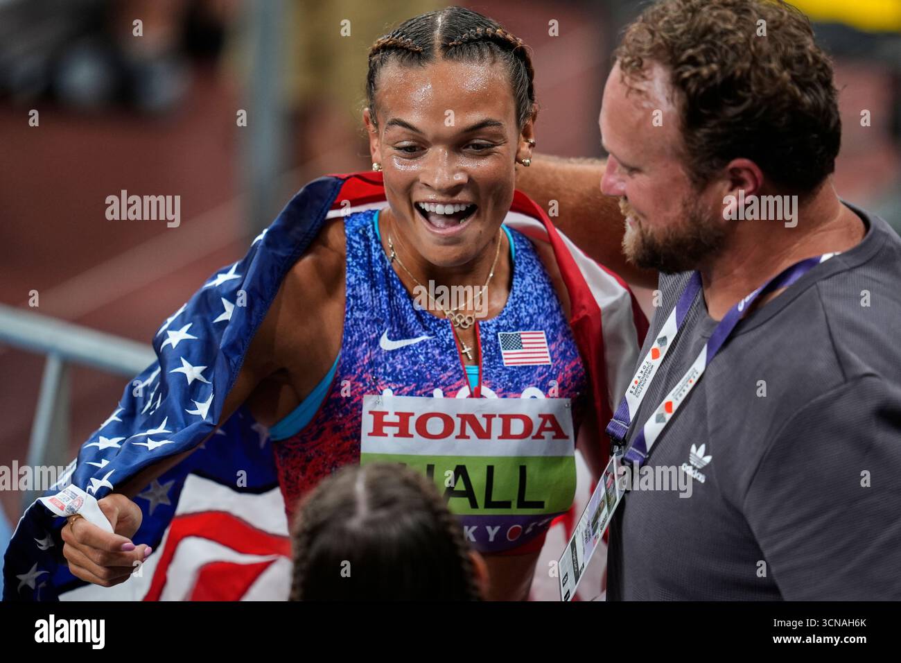 United States' Anna Hall celebrates after winning the gold medal in the ...