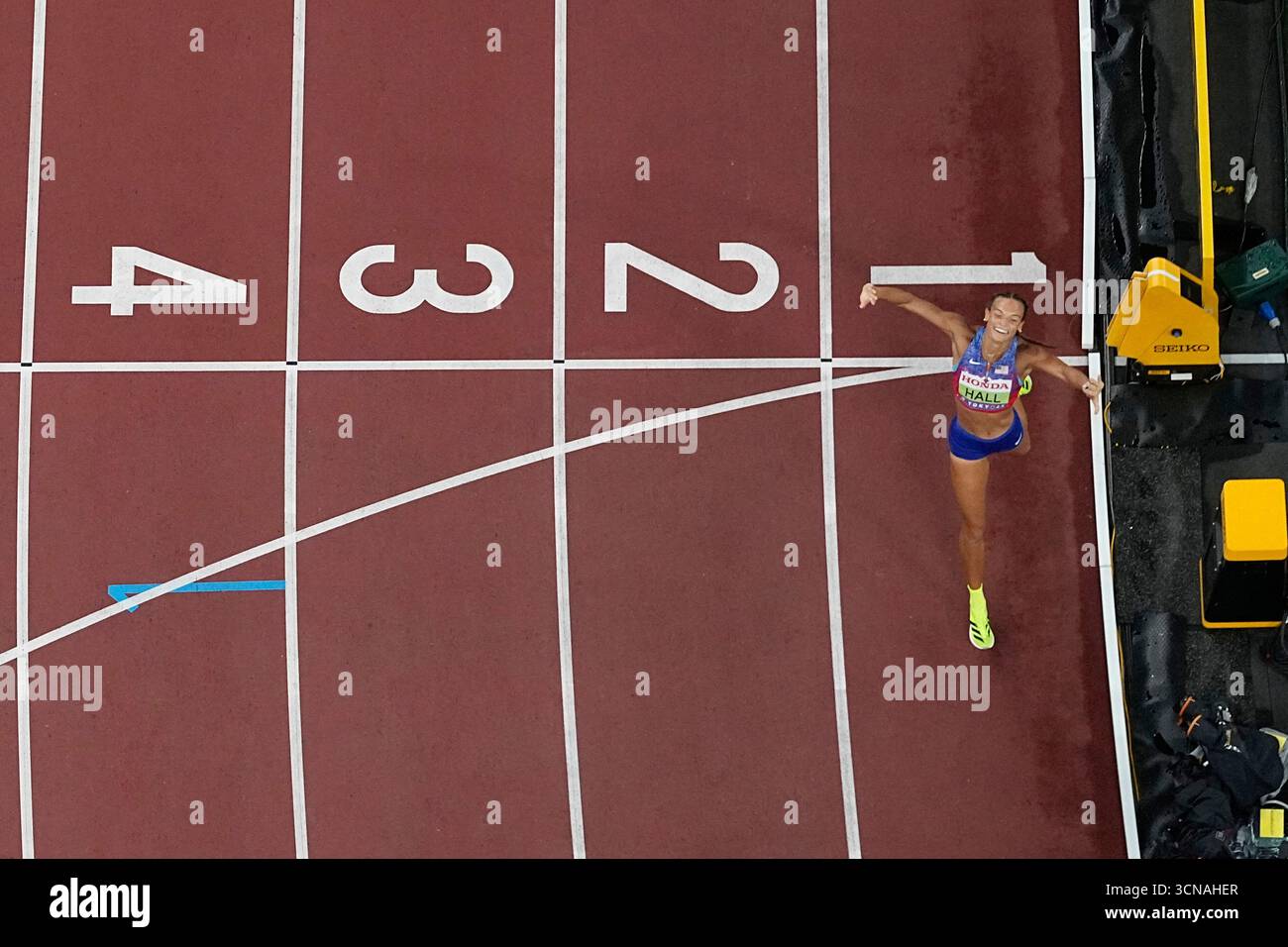 United States' Anna Hall celebrates as she wins the heptathlon at the ...