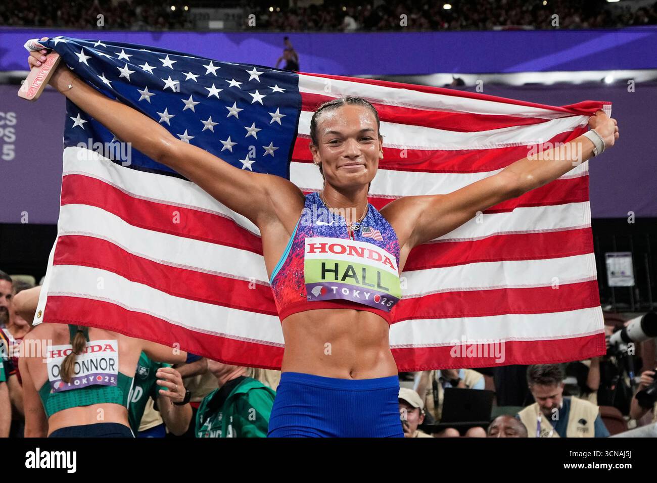 United States' Anna Hall reacts after winning the heptathlon 800 meters ...