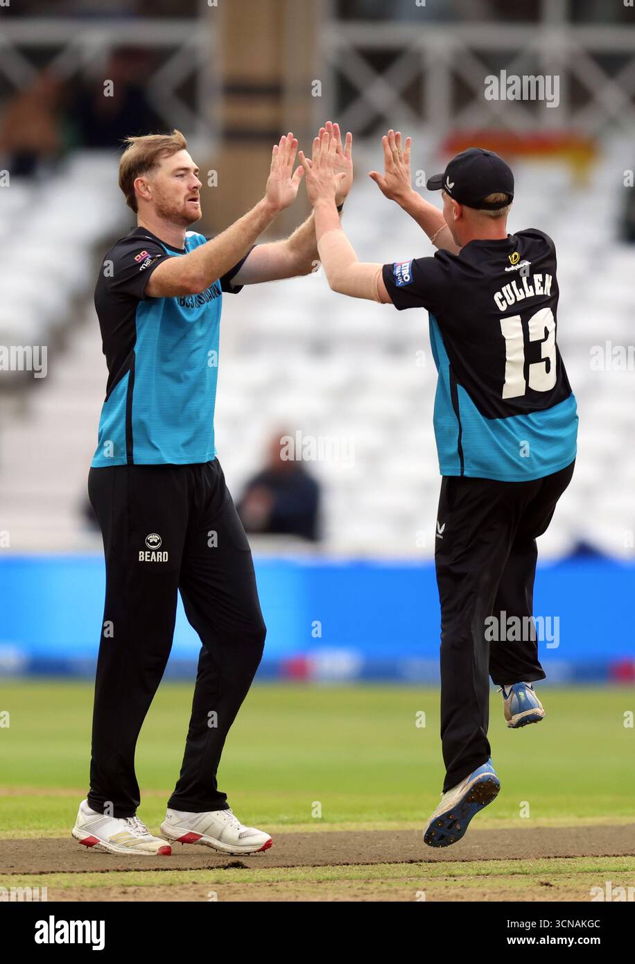 Worcestershire Rapids' Matthew Waite celebrates after taking the wicket ...