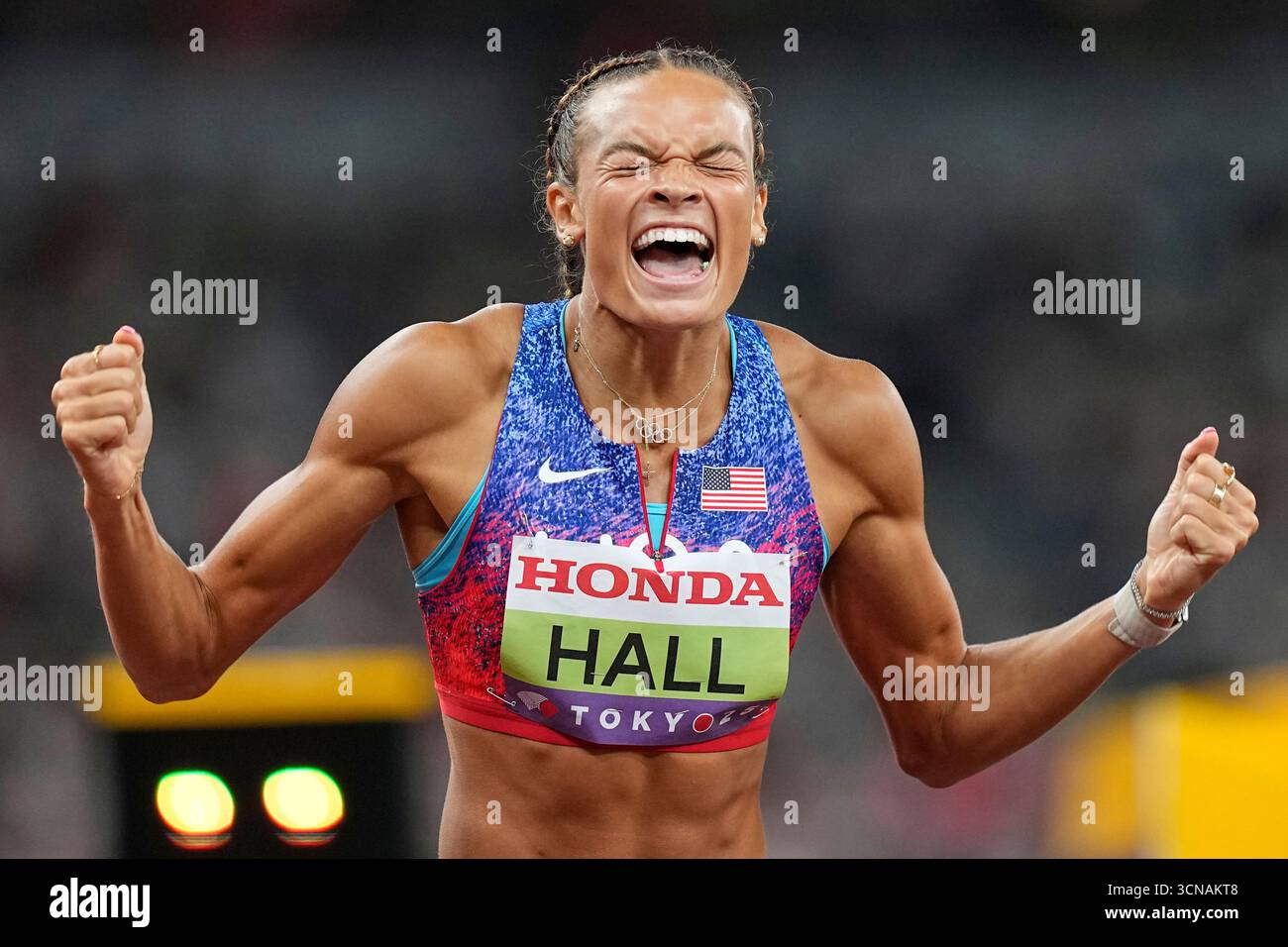United States' Anna Hall reacts as she wins the gold medal after the ...