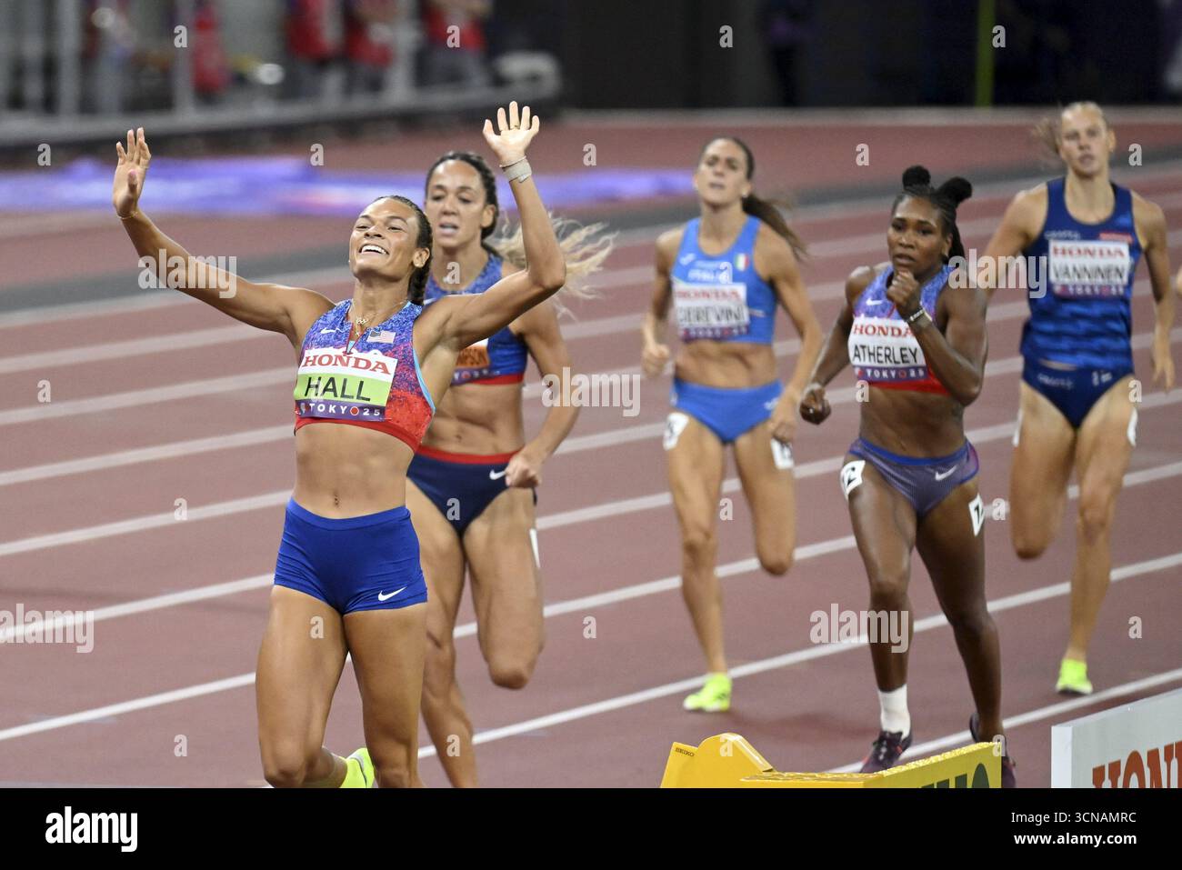 Anna Hall of the United States celebrates her victory after the women's ...