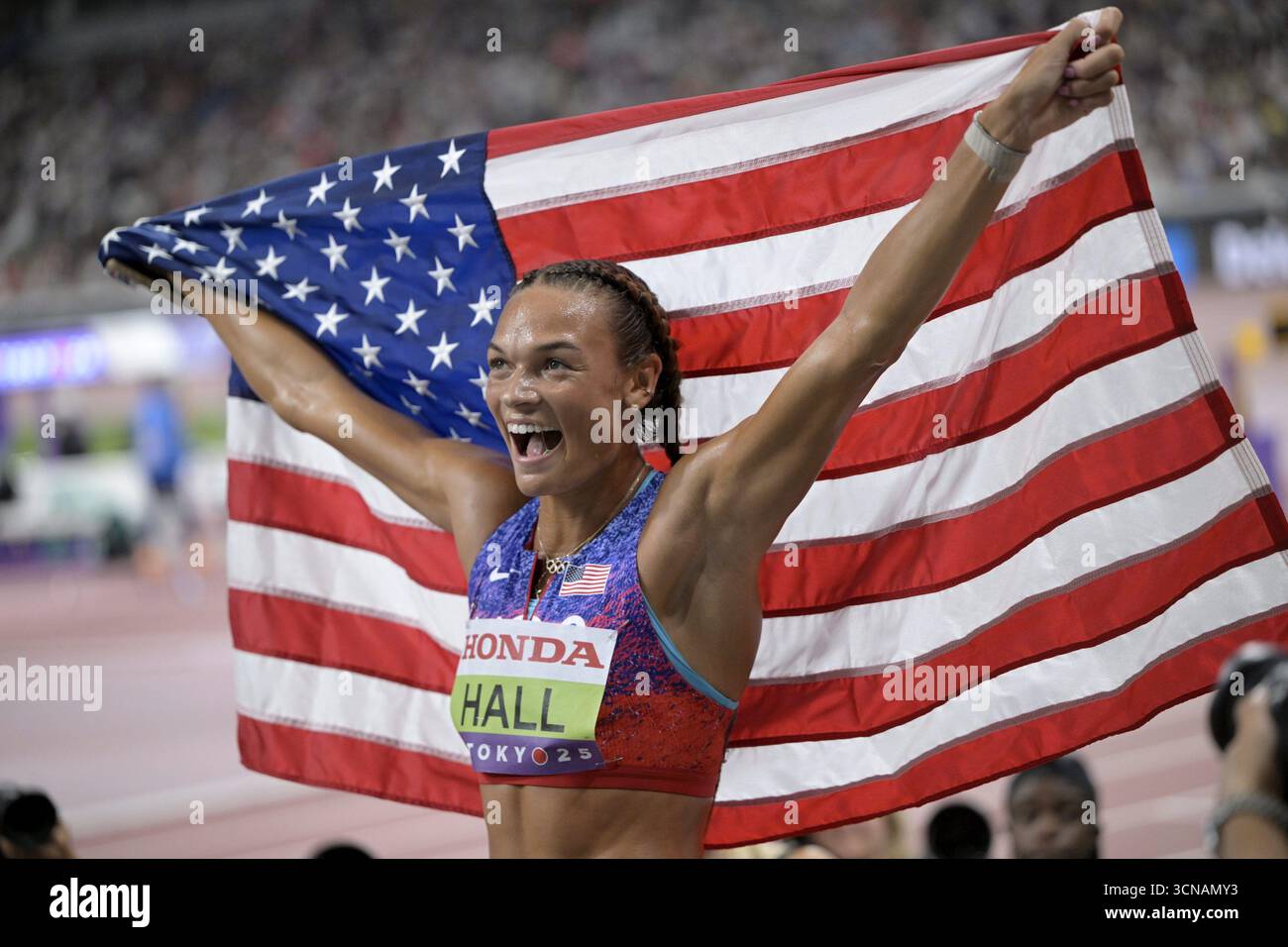 Anna Hall of the United States celebrates her victory after the women's ...