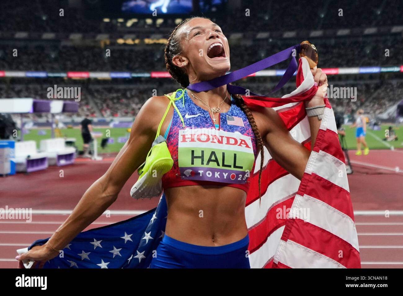United States' Anna Hall reacts after winning the heptathlon 800 meters ...