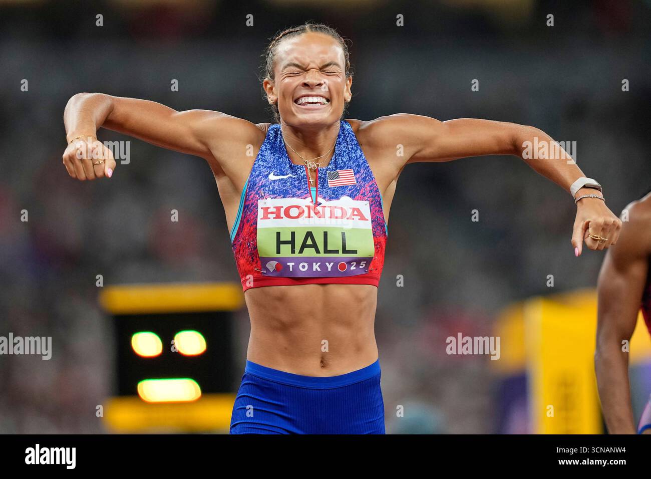United States' Anna Hall reacts as she wins the gold medal after the ...