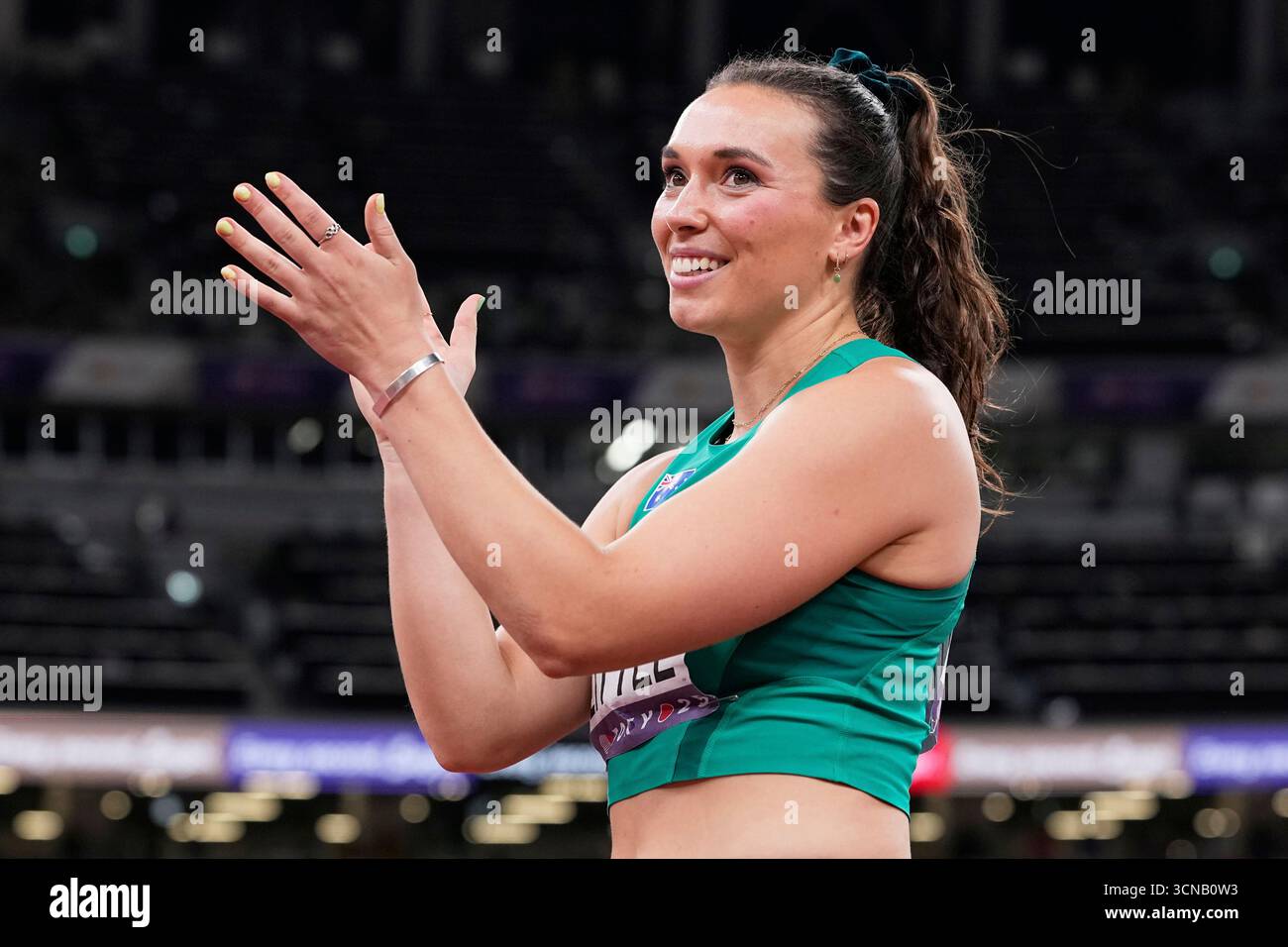 Australia's Mackenzie Little reacts in the women's javelin throw final ...