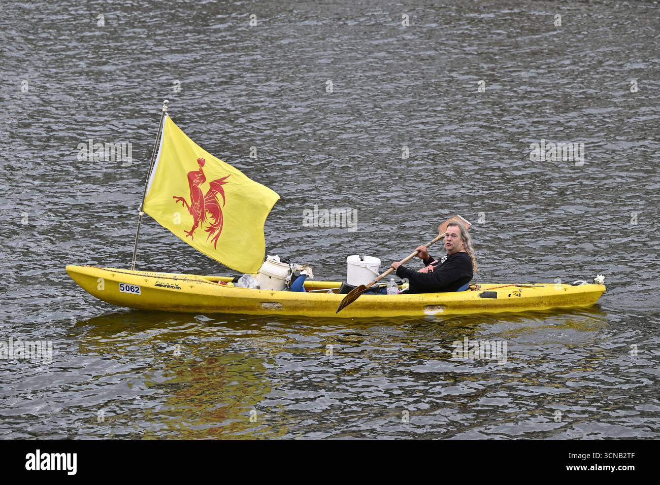 A Kayak with Walloon flag pictured at the Meuse river during the ...