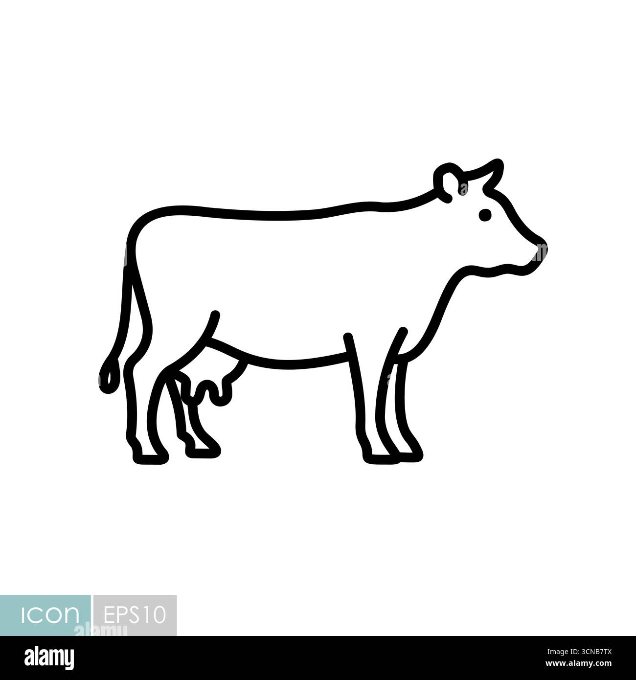 A simple black and white line art vector icon of a standing cow with an ...