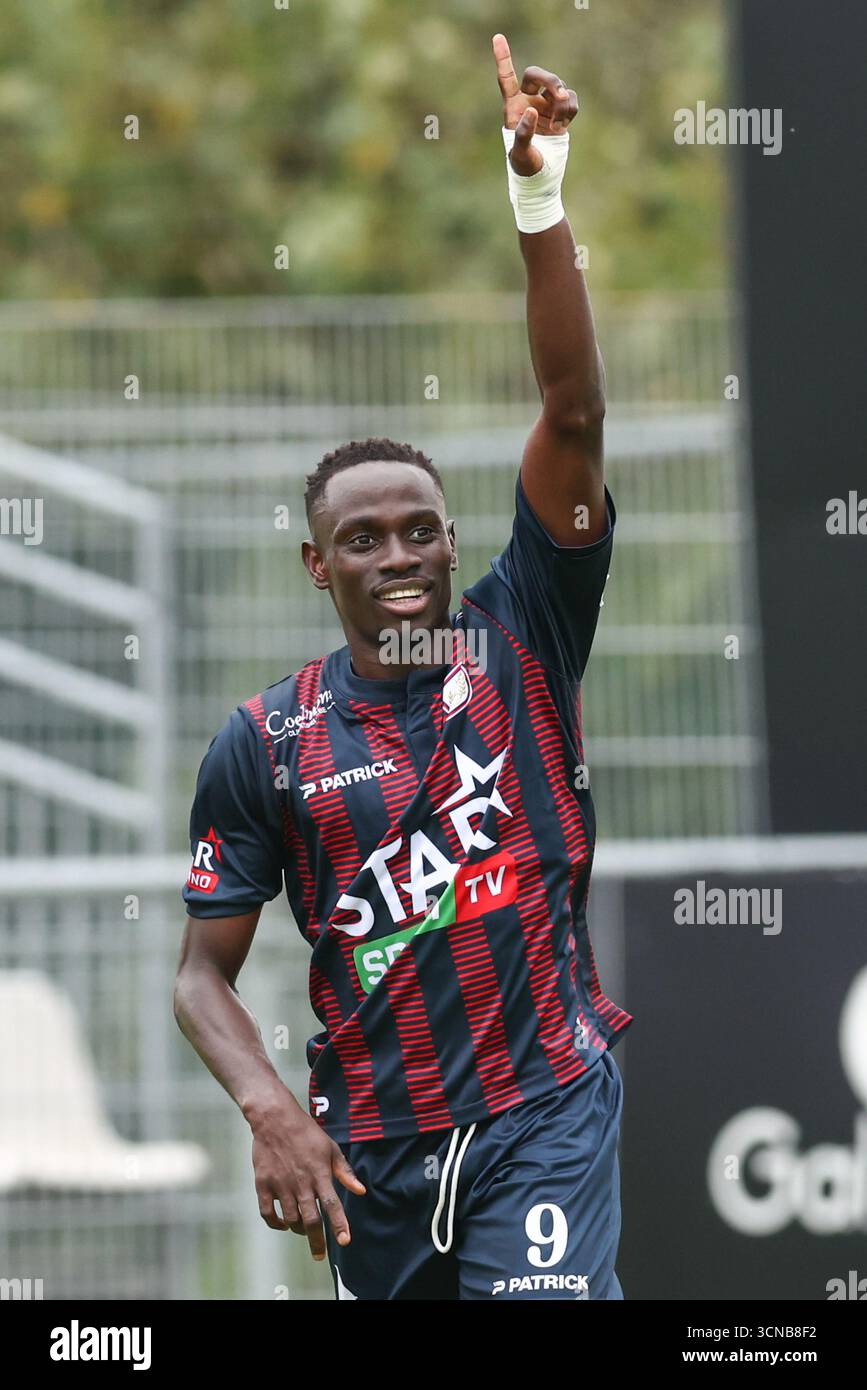 Liege's Oumar Diouf celebrates after scoring during a soccer game ...