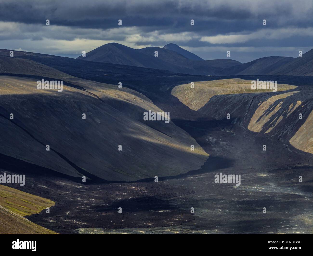 Lava, lava field, summer, cloudy, sunny, aerial view, Fagradalsfjall ...