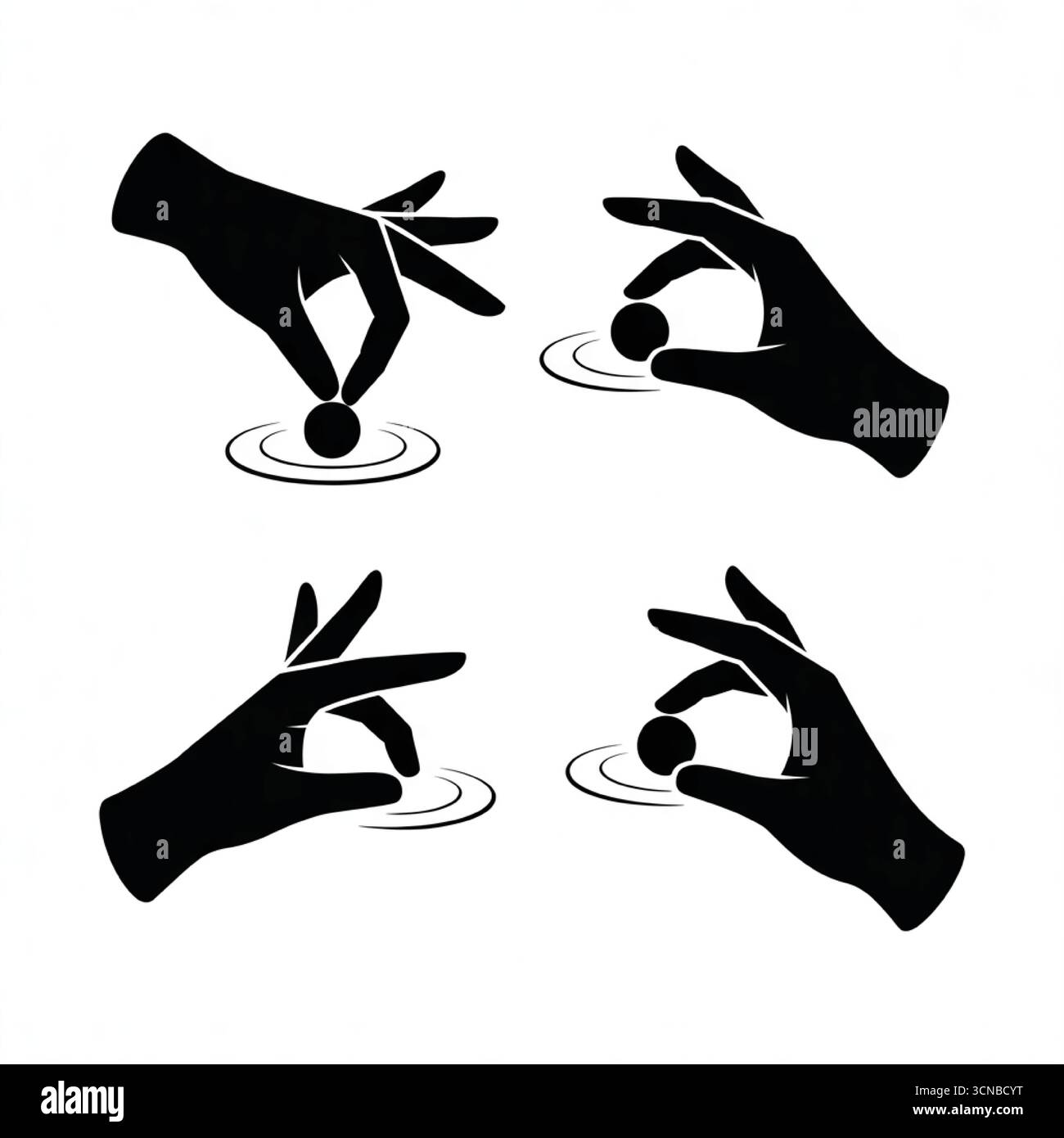 Dynamic set of four black hand silhouettes performing gestures evoking ...