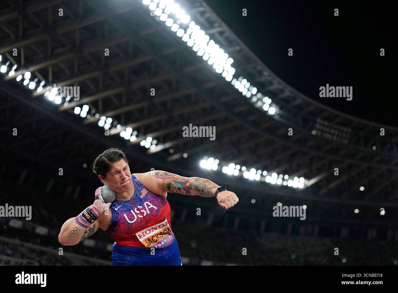 United States' Chase Jackson makes an attempt in the women's shot put ...