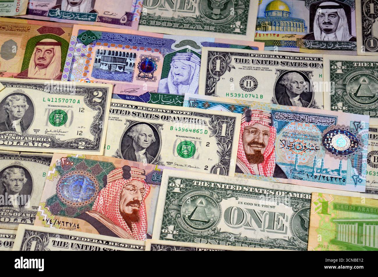 USD American dollars and Saudi Arabian riyals SAR banknotes cash money ...