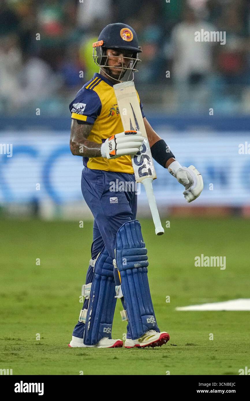 Sri Lanka's Pathum Nissanka reacts as he walks off the field after ...