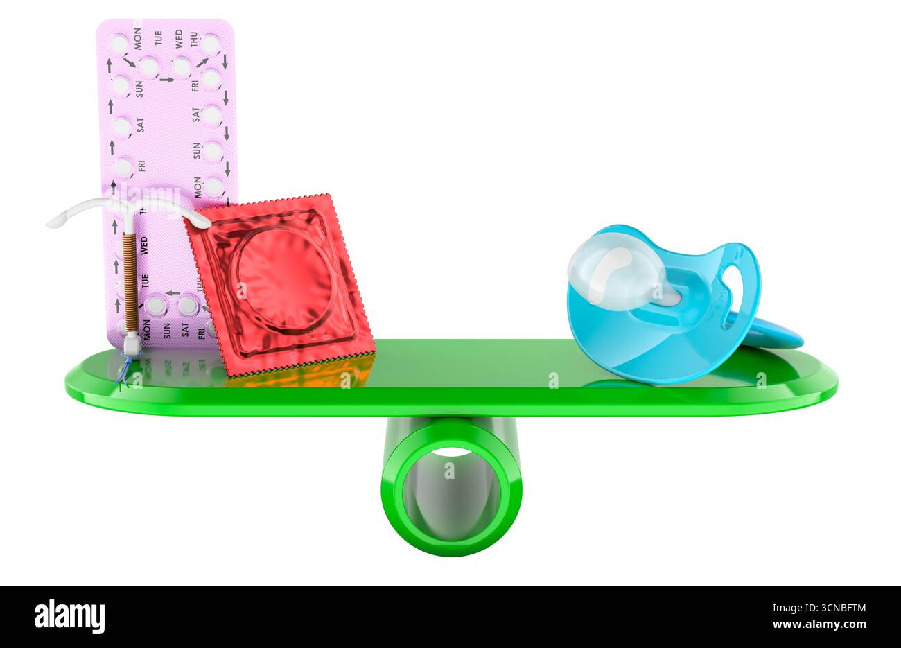 Birth control and parenthood balance, contraceptives and pacifier on ...