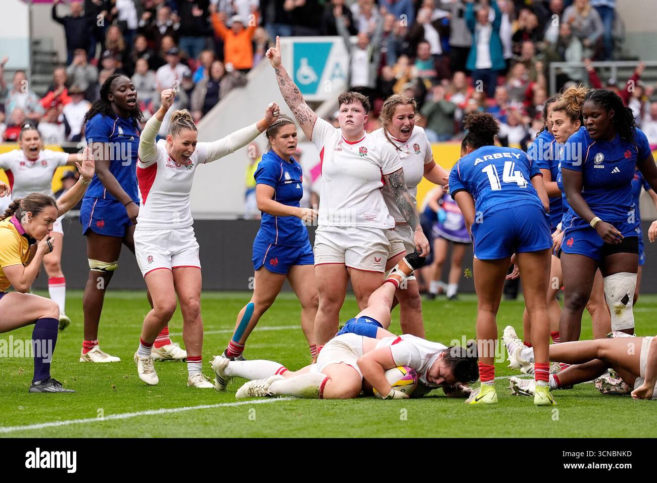 England's Amy Cokayne scores a try during the Women's Rugby World Cup ...