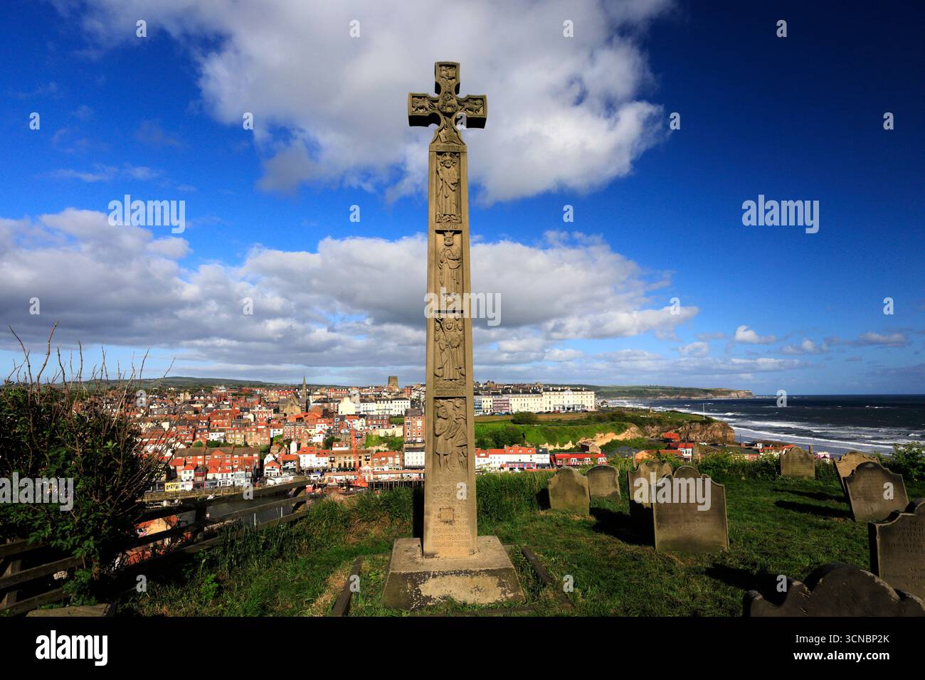 The Caedmon Memorial stone cross, St Marys church, Whitby town, North ...