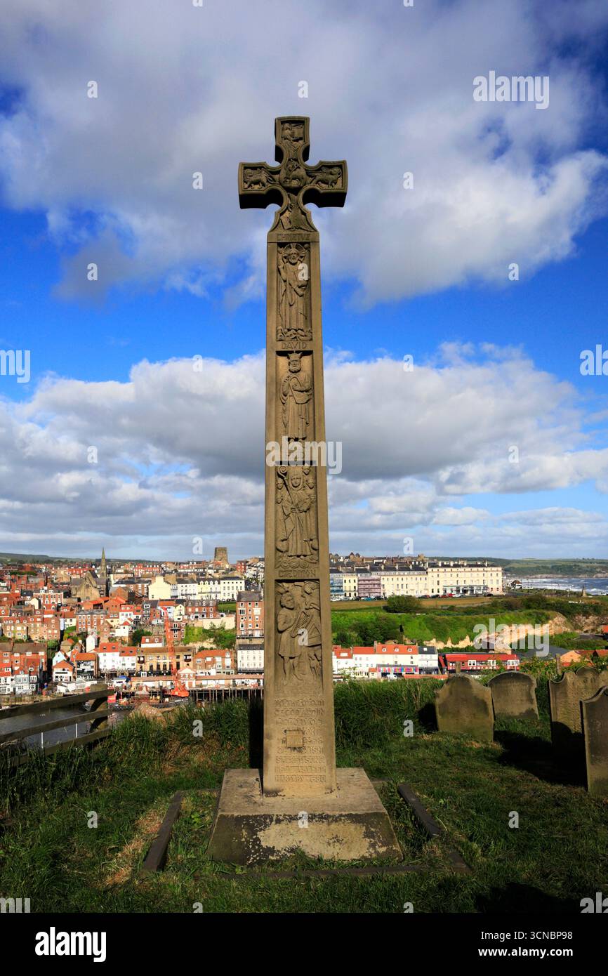 The Caedmon Memorial stone cross, St Marys church, Whitby town, North ...
