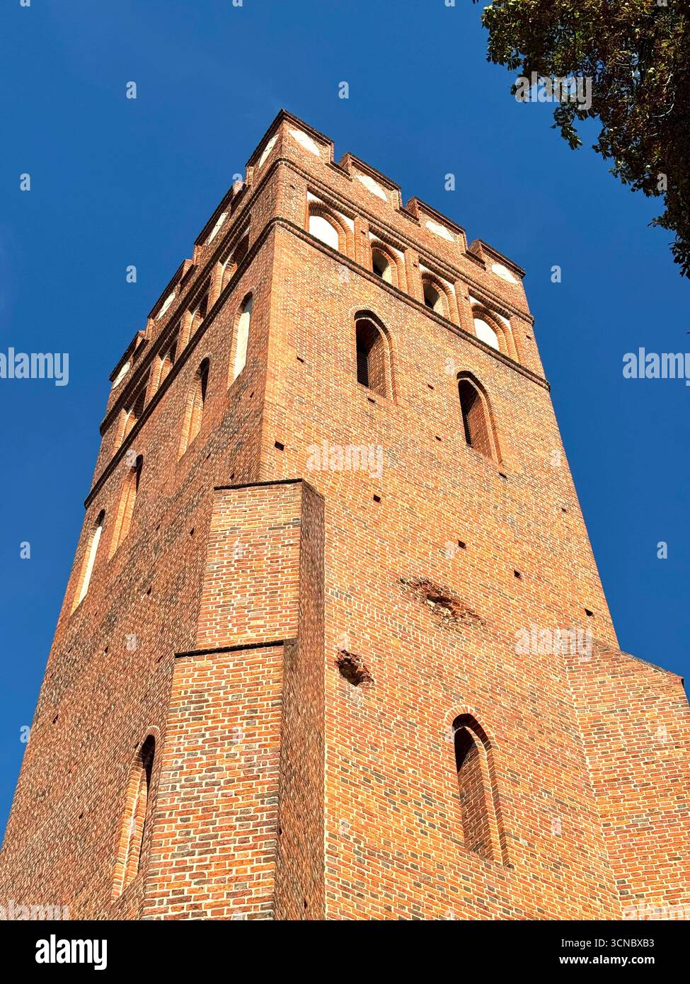 Vertical view of a 14th century gothic brick church tower built in 1370 ...