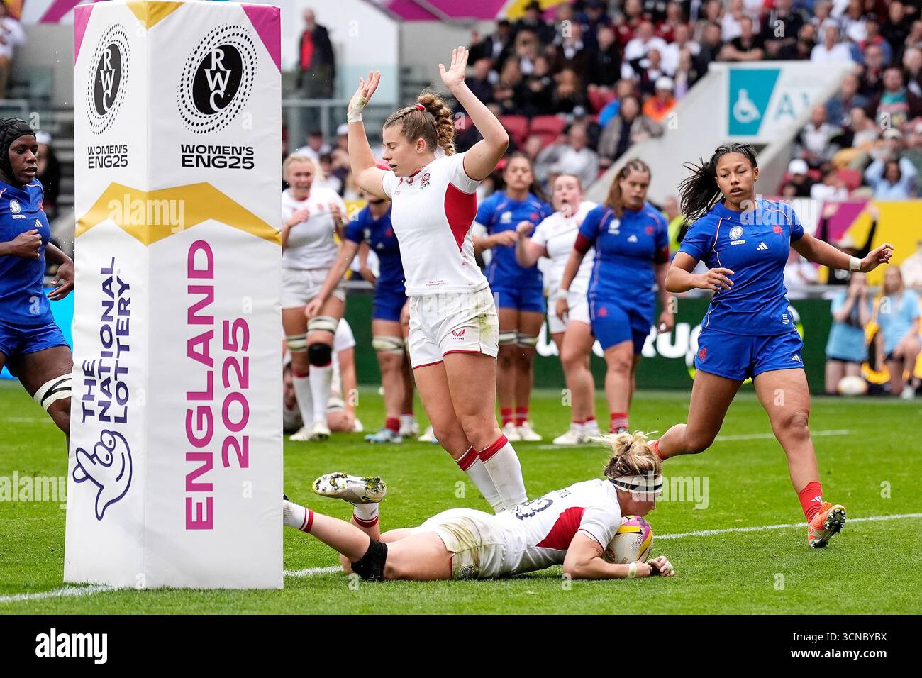 England's Megan Jones scores a try during the Women's Rugby World Cup ...
