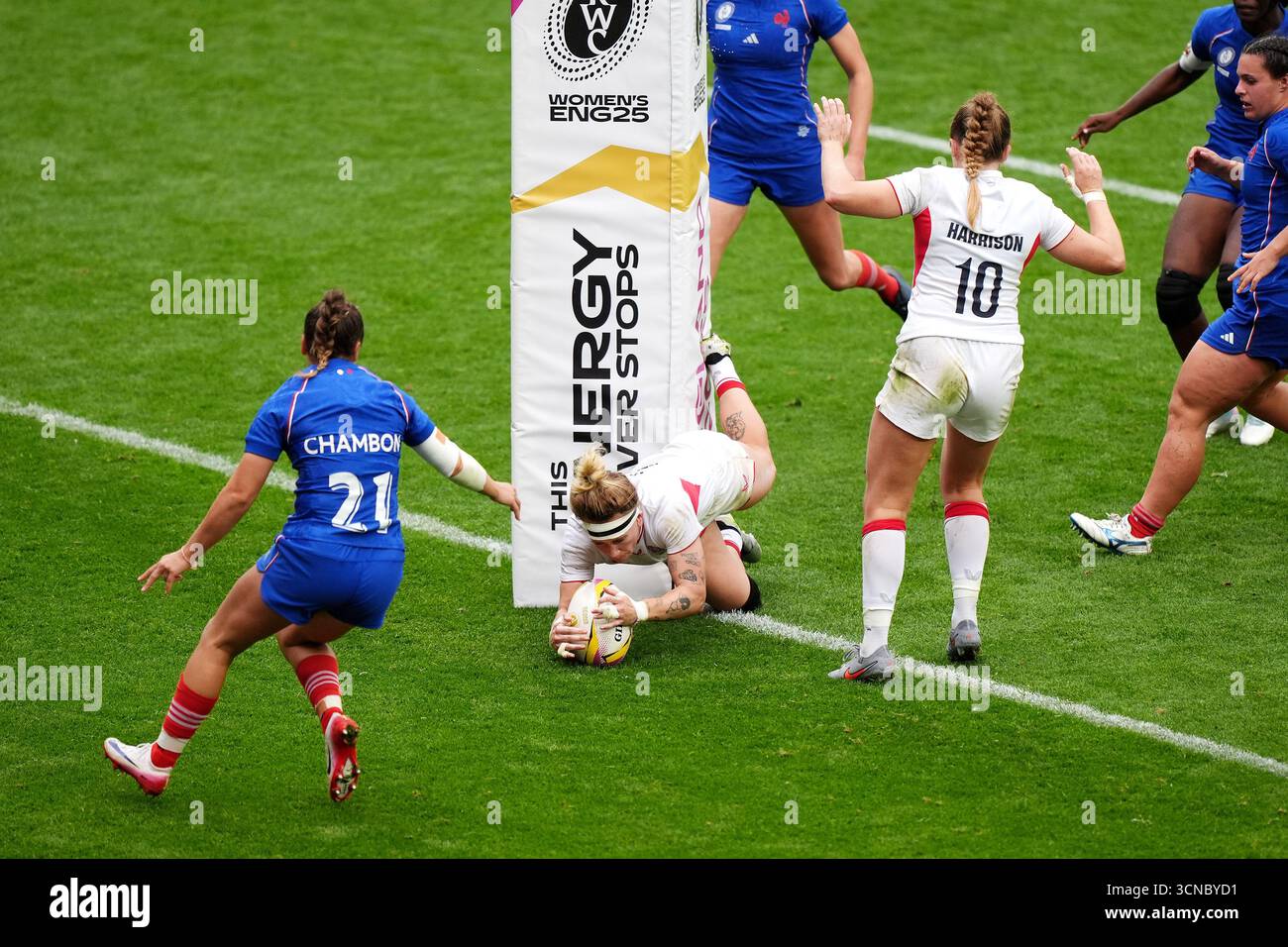 England's Megan Jones scores a try during the Women's Rugby World Cup ...