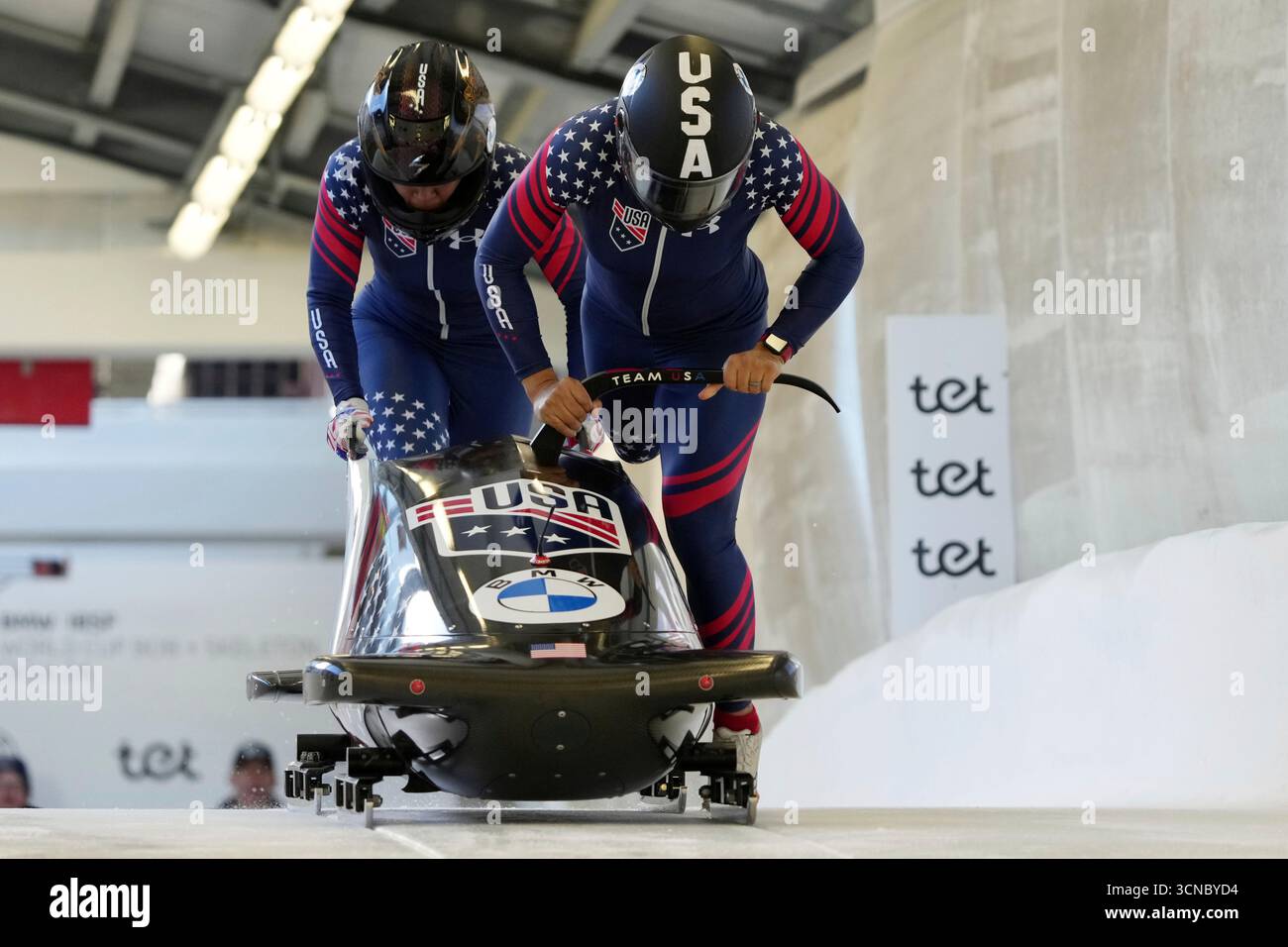 FILE - Elana Meyers Taylor and Azaria Hill of USA start their first run ...
