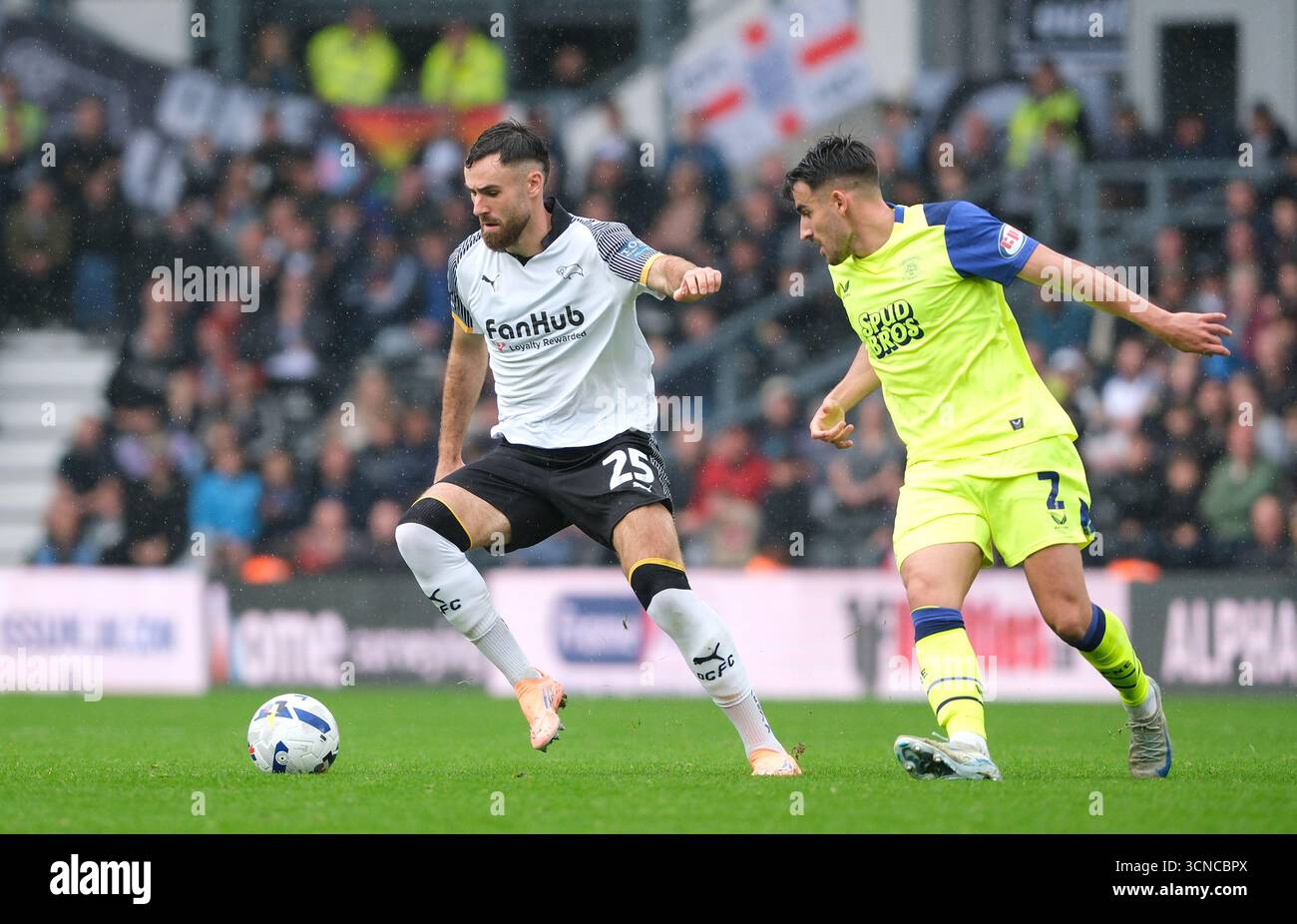 Ben Brereton Diaz of Derby County and Pol Valentin of Preston North End FC seen in action during ...