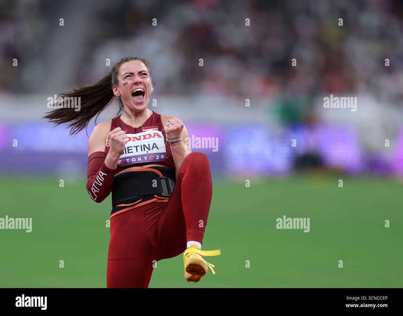 Anete SIETIŅA of Latvia reacts after an attempt in the Women's javelin ...
