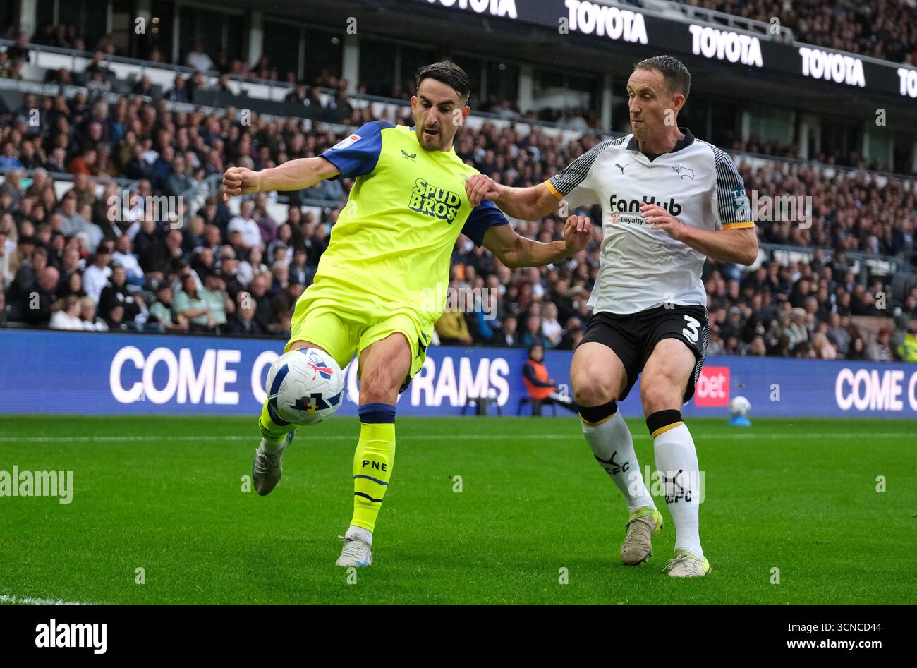 Pol Valentin of Preston North End FC and Craig Forsyth of Derby County seen in action during the ...