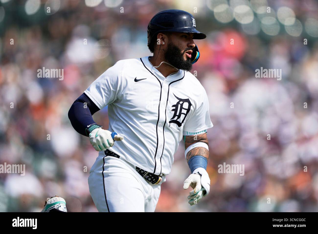 Detroit Tigers' Gleyber Torres runs after hitting a single during the ...