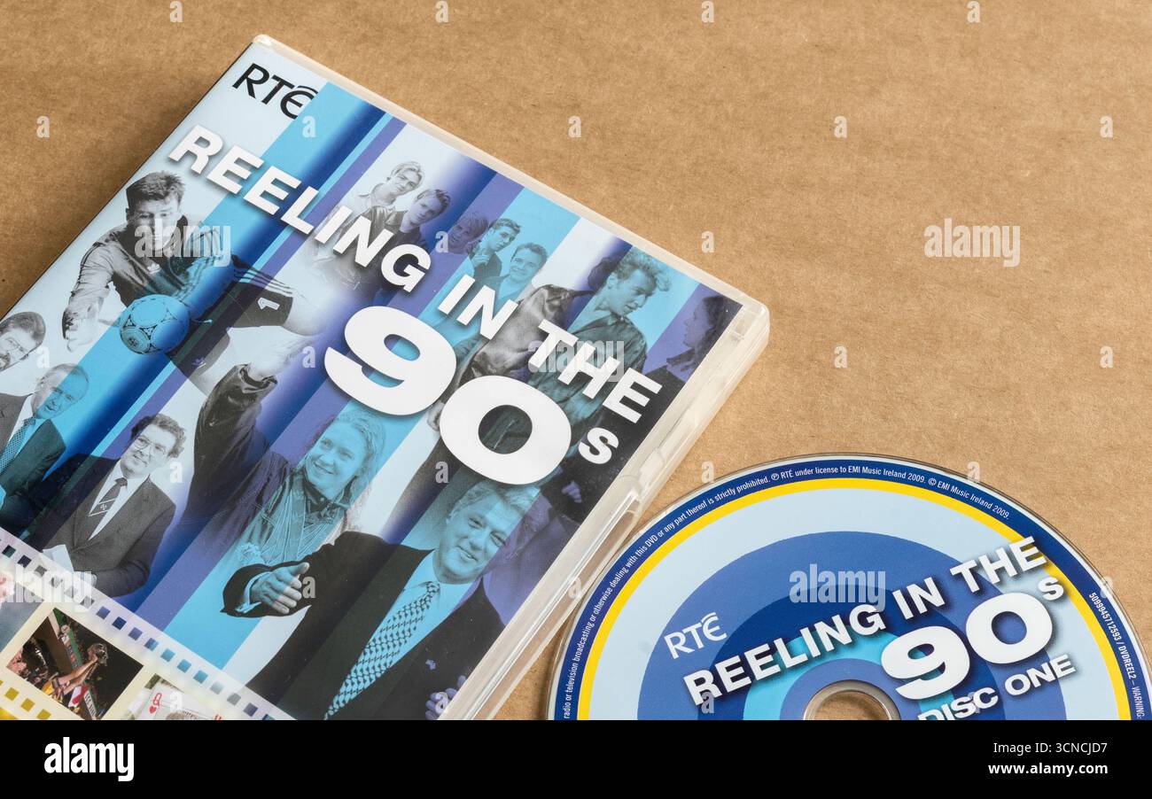 'Reeling in the 90s' RTE DVD cover with disc, isolated on light blank ...