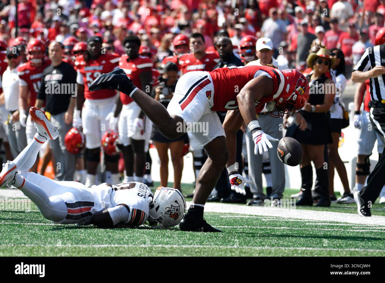 Louisville linebacker TJ Quinn (34) attempts to recover a loose ball ...