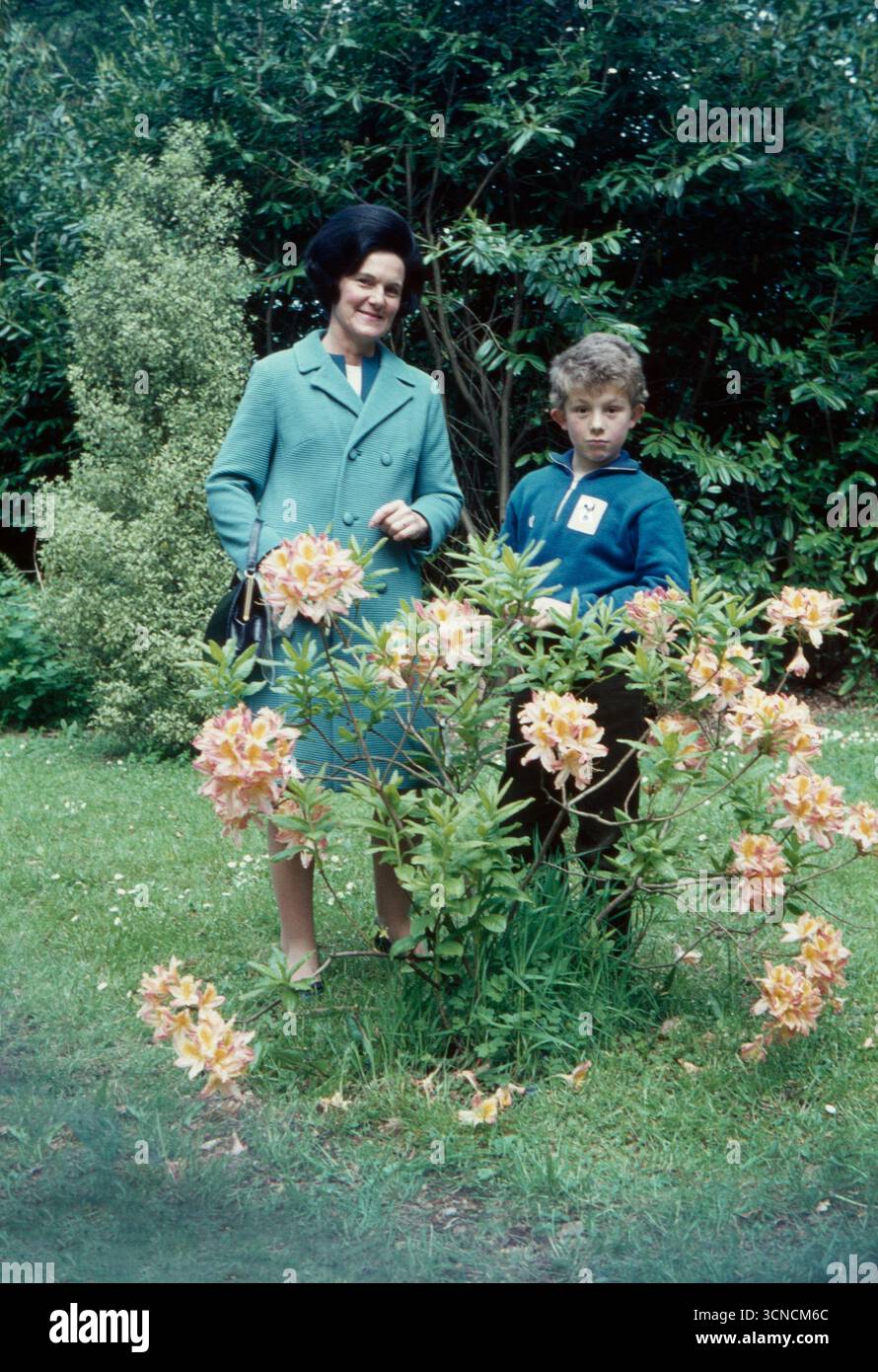 A young boy and a woman are standing behind a small bush Stock Photo ...
