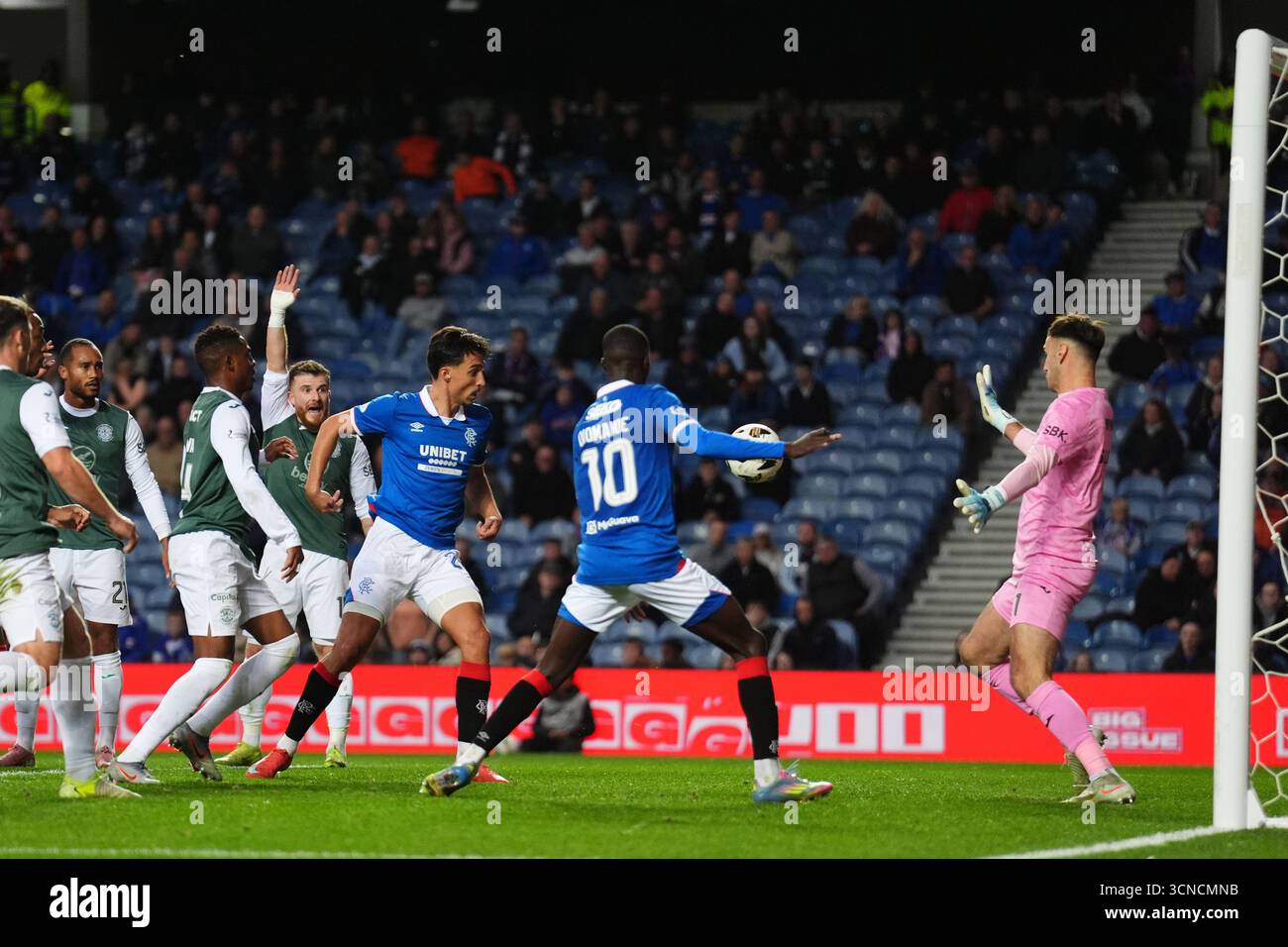 Rangers’ Bojan Miovski (third from right) scores a goal, which is ...
