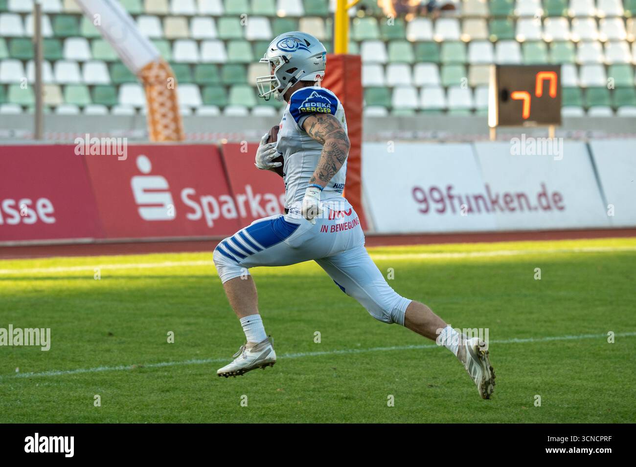 Dresden, Germany, , Luca Hirschberger (Pforzheim Wilddogs, #01) runs int the endzone for the ...