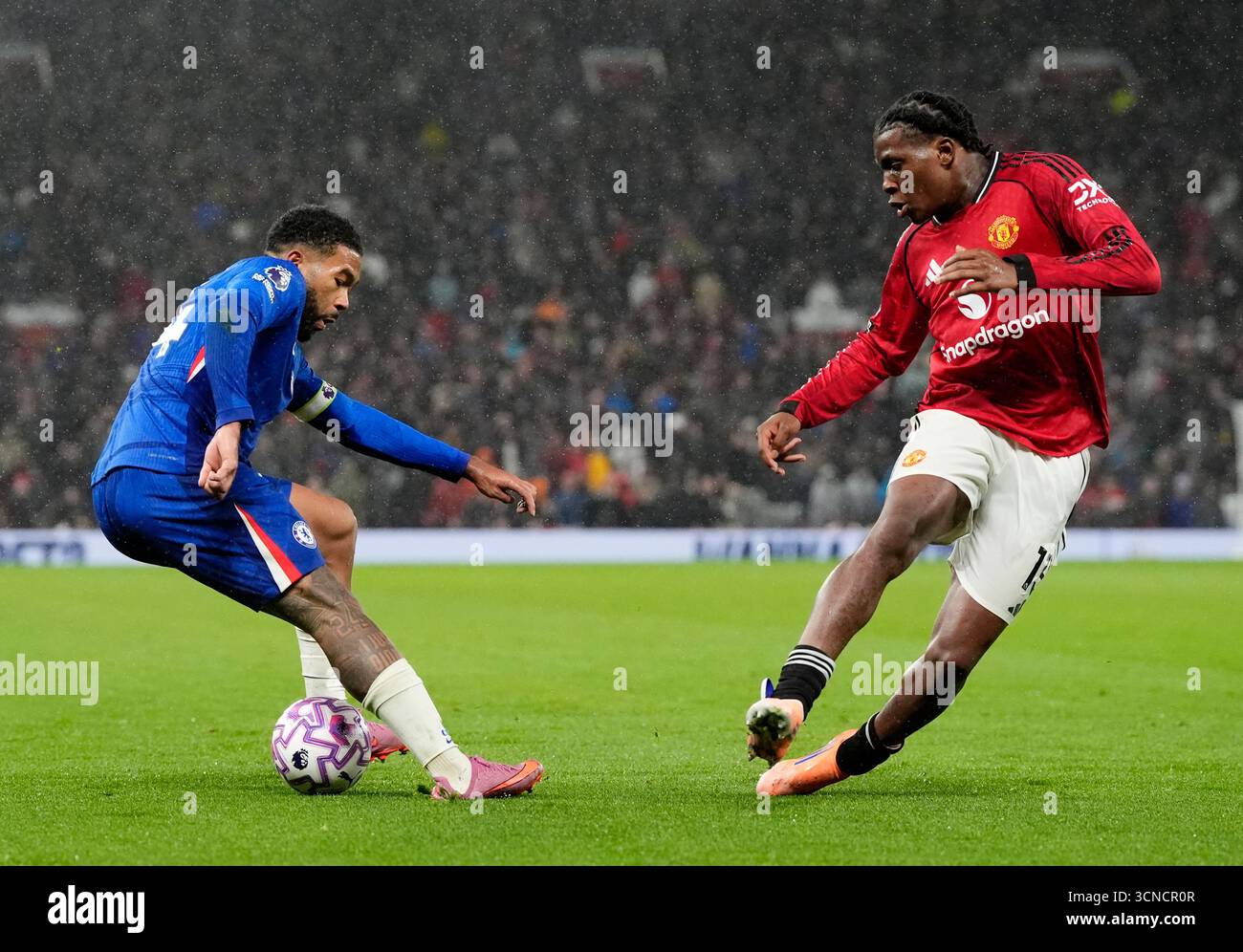 Chelsea's Reece James (left) and Manchester United's Patrick Dorgu ...