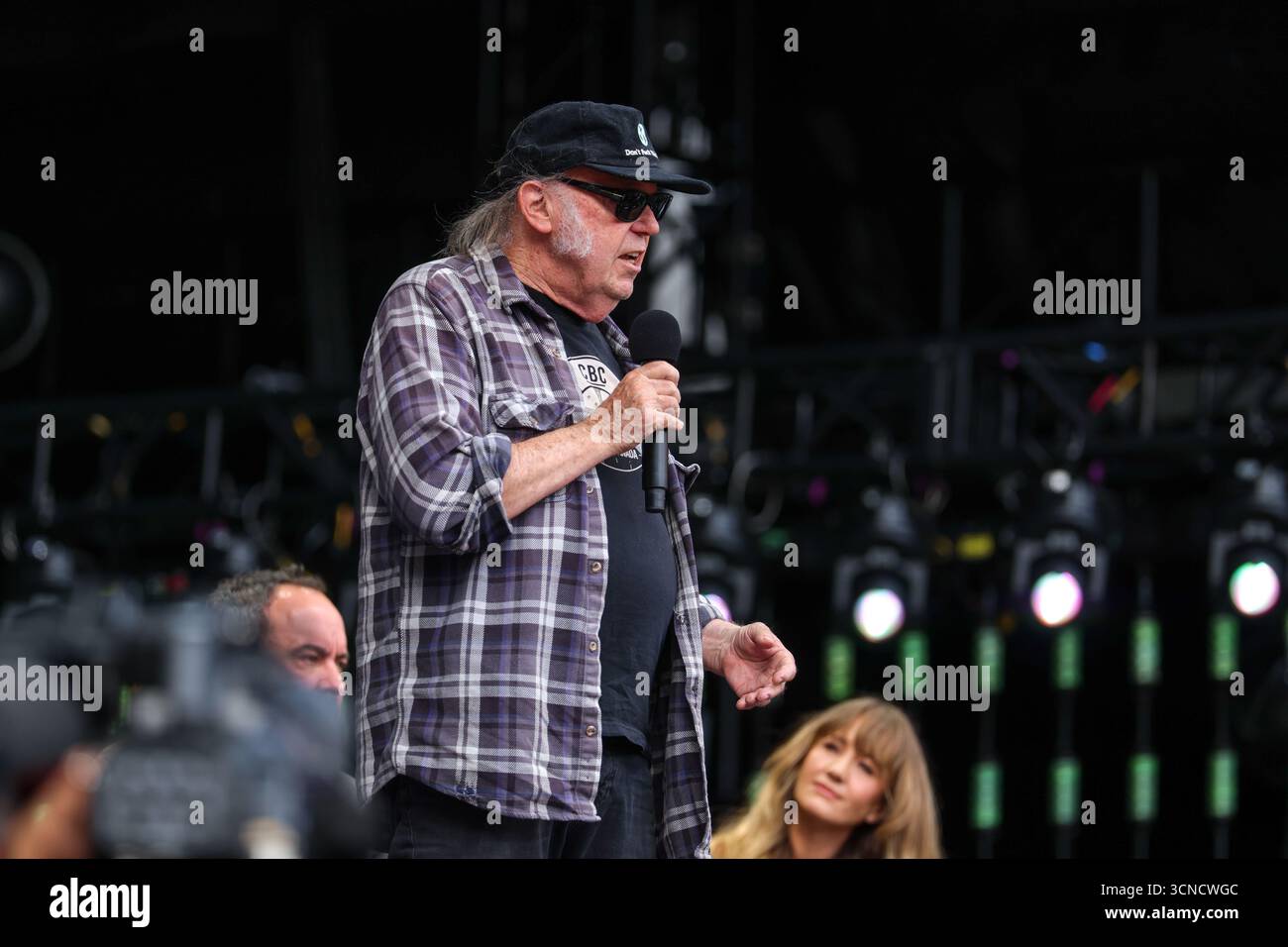 Neil Young speaks during a press conference at the Farm Aid 40 Music ...