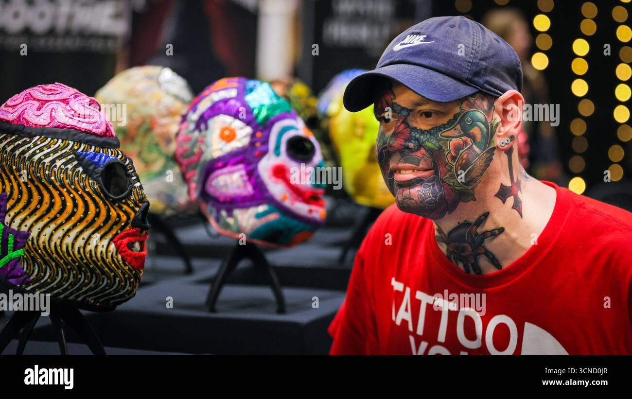 London, UK, 20th Sep 2025. Masks on display.The Big London Tattoo Show ...