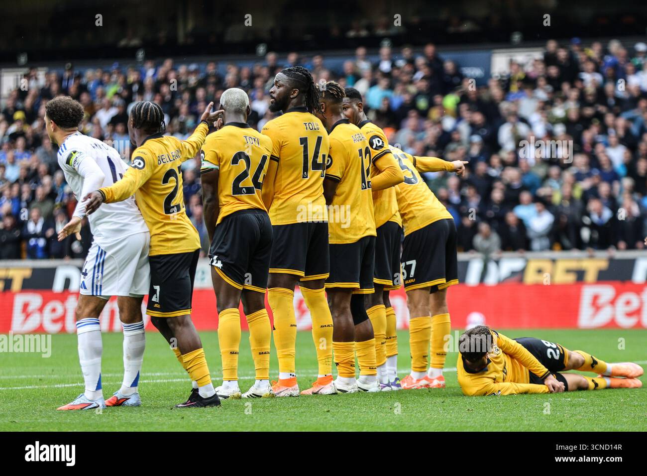 Wolves wall prepare for free kick during the Premier League football ...