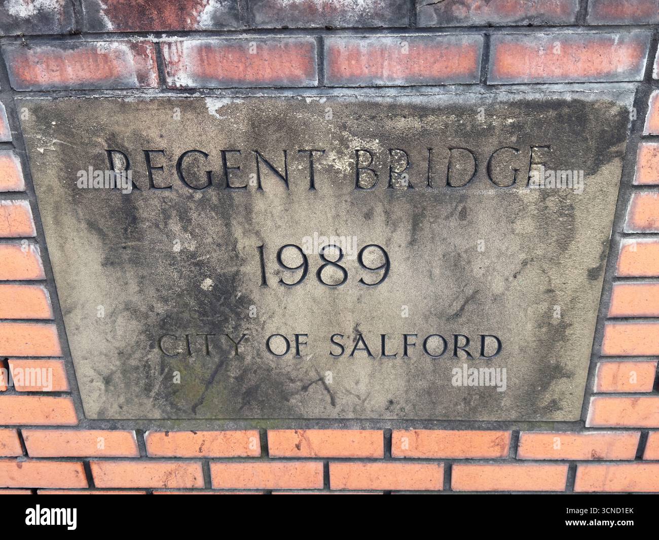 Plaque commemorating the Regent Bridge in Salford, UK from 1989 on ...