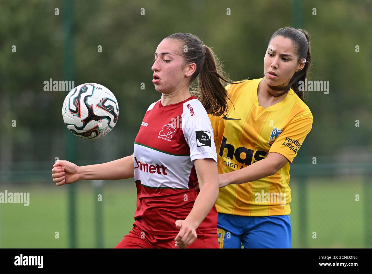 Lena Hubaut (6) of Zulte-Waregem and Samya Masnaoui (8) of Westerlo ...