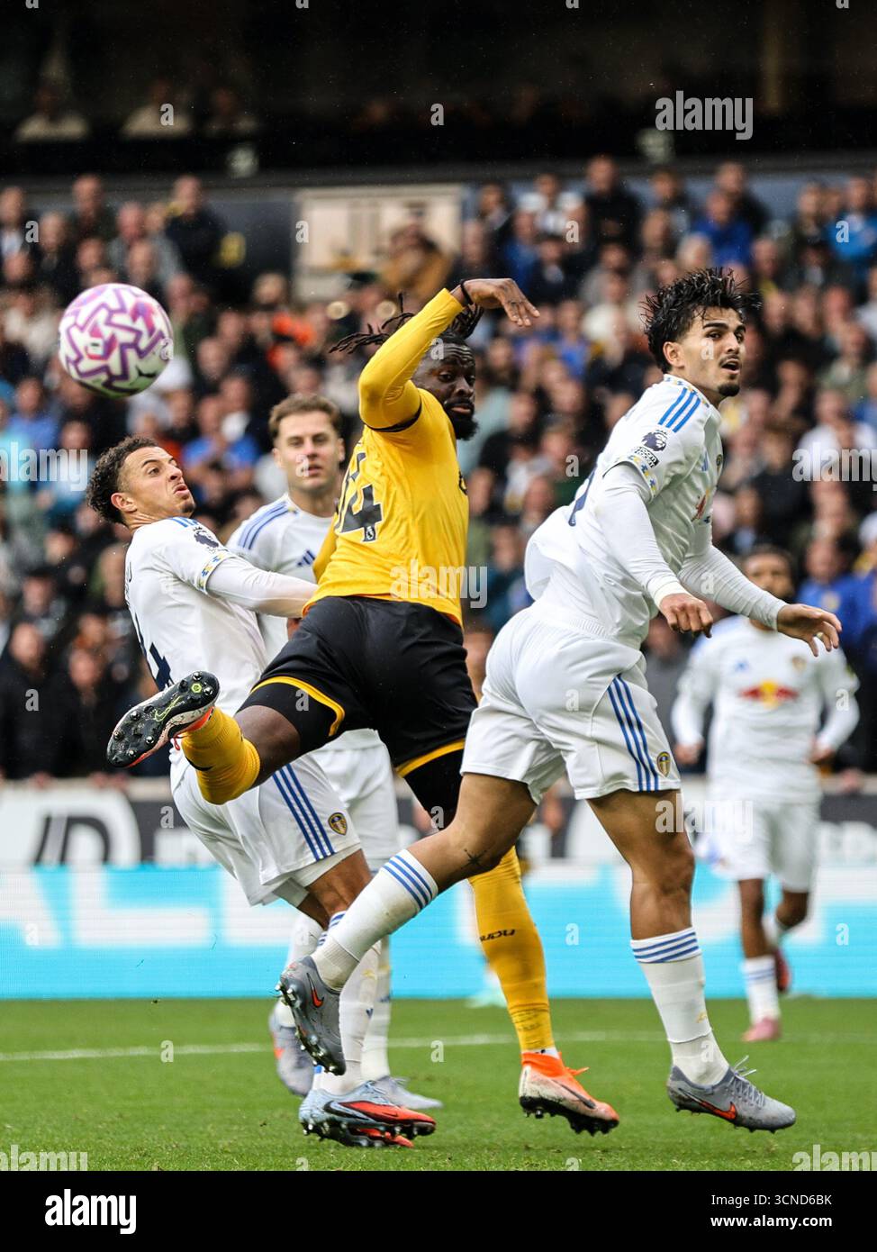 Tolu Arokodare (14 Wolves) heads the ball during the Premier League ...