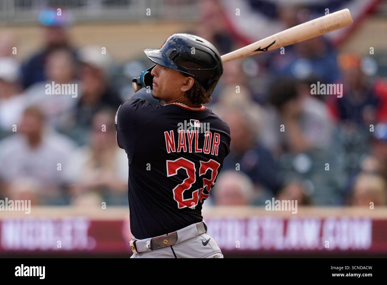 Cleveland Guardians' Bo Naylor (23) hits a solo homer against the ...