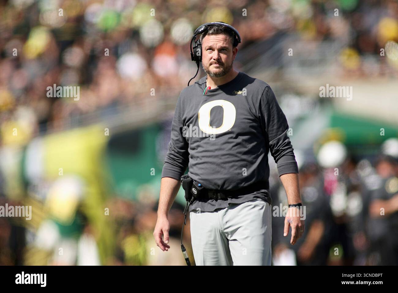 Oregon head coach Dan Lanning looks on during the first half of an NCAA ...