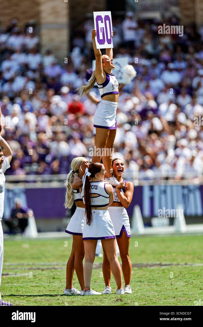 FORT WORTH, TX - SEPTEMBER 20: TCU Horned Frogs cheerleaders perform ...