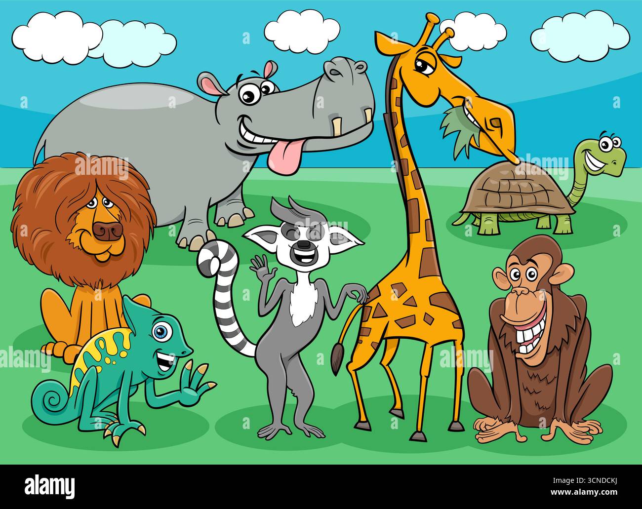 Cartoon illustrations of cheerful wild animals comic characters group ...