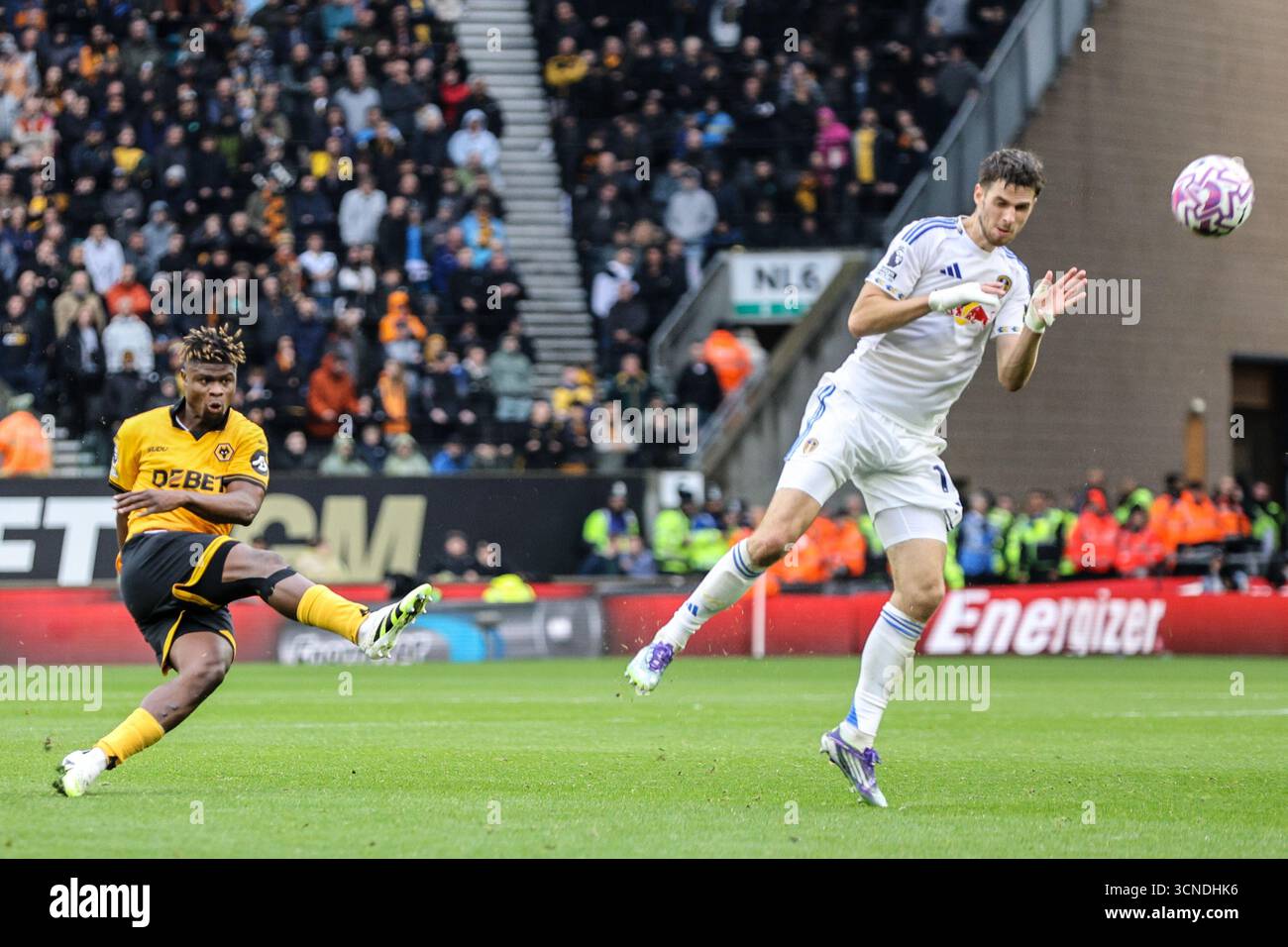 Emmanuel Agbadou (12 Wolves) takes a shot during the Premier League ...